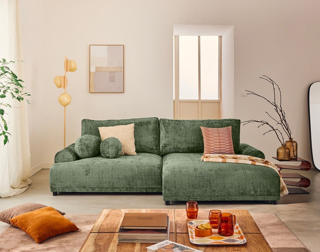 Canapé d'angle droit convertible 4 places en velours texturé vert sauge ...