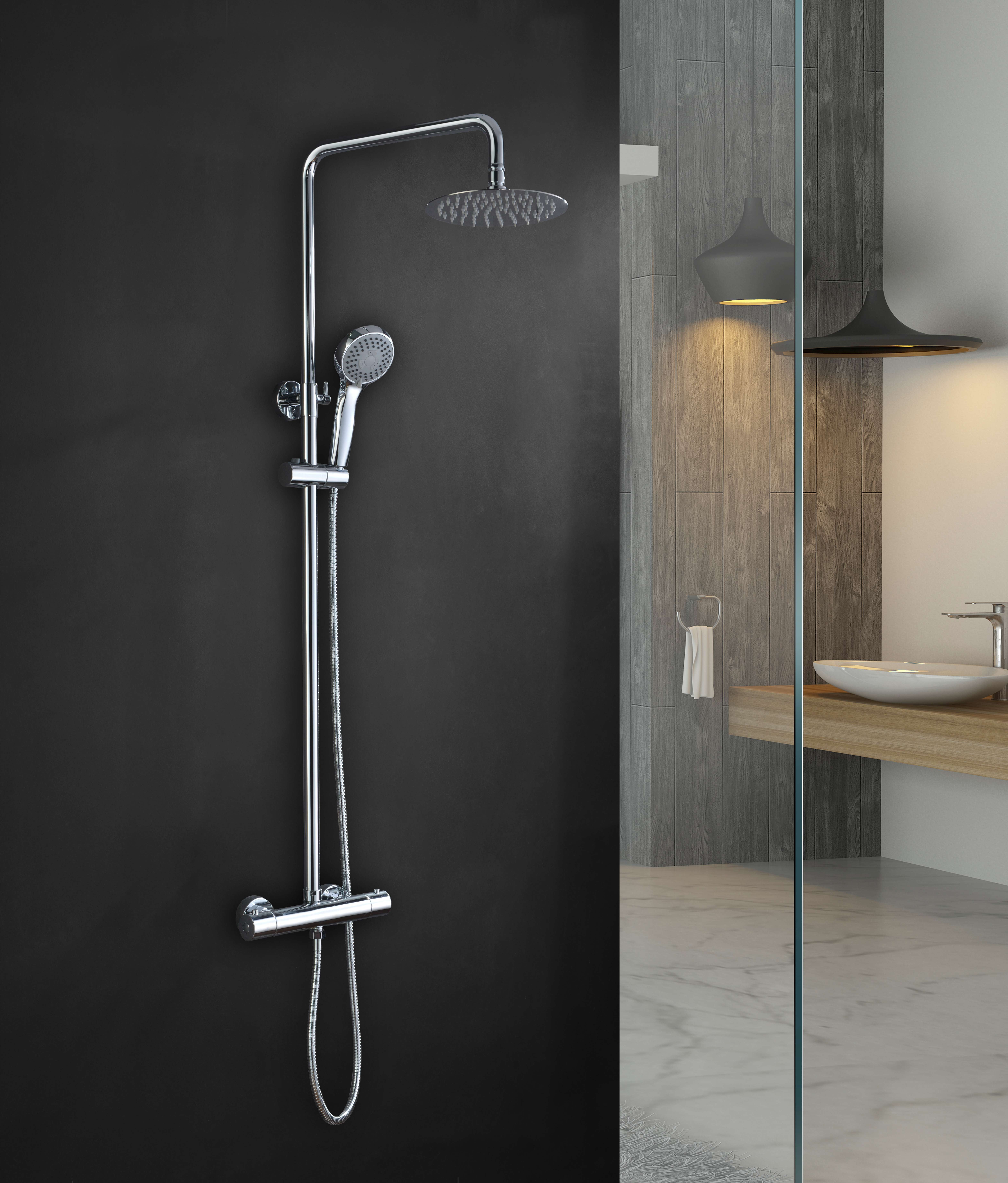 Barre de douche thermostatique extensible avec pomme de douche ronde extra-plate - Robinetterie ...