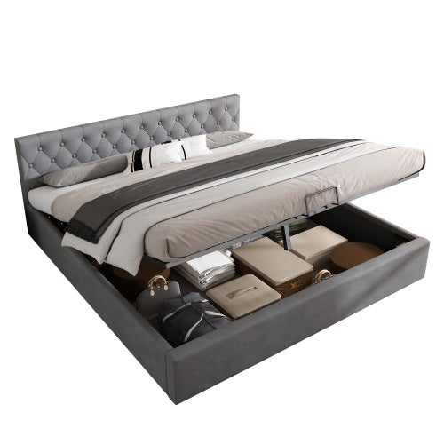 Cama doble de terciopelo gris 180x200 cm con cabecero capitoné, cofre ...