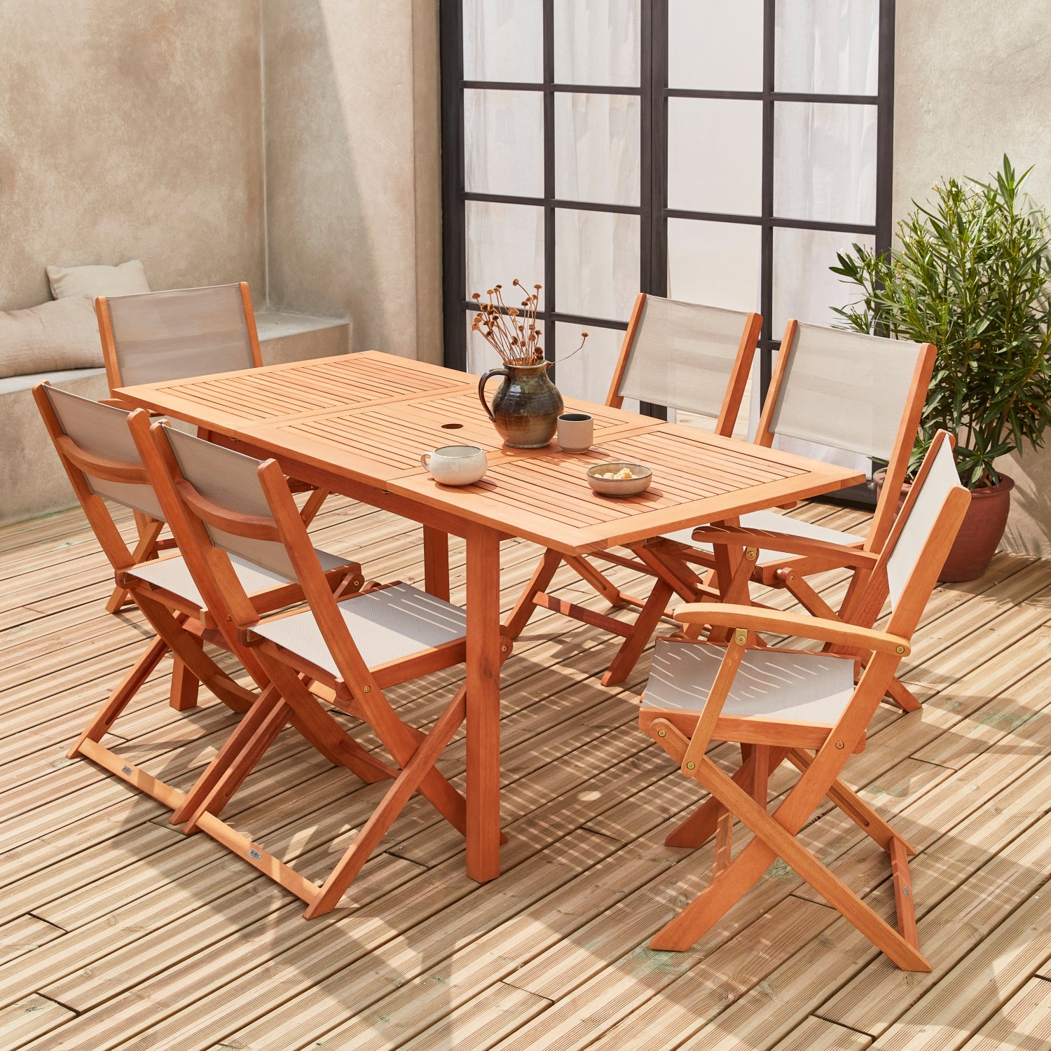 Table de jardin extensible bois d'eucalyptus + 6 assises - Almeria ...
