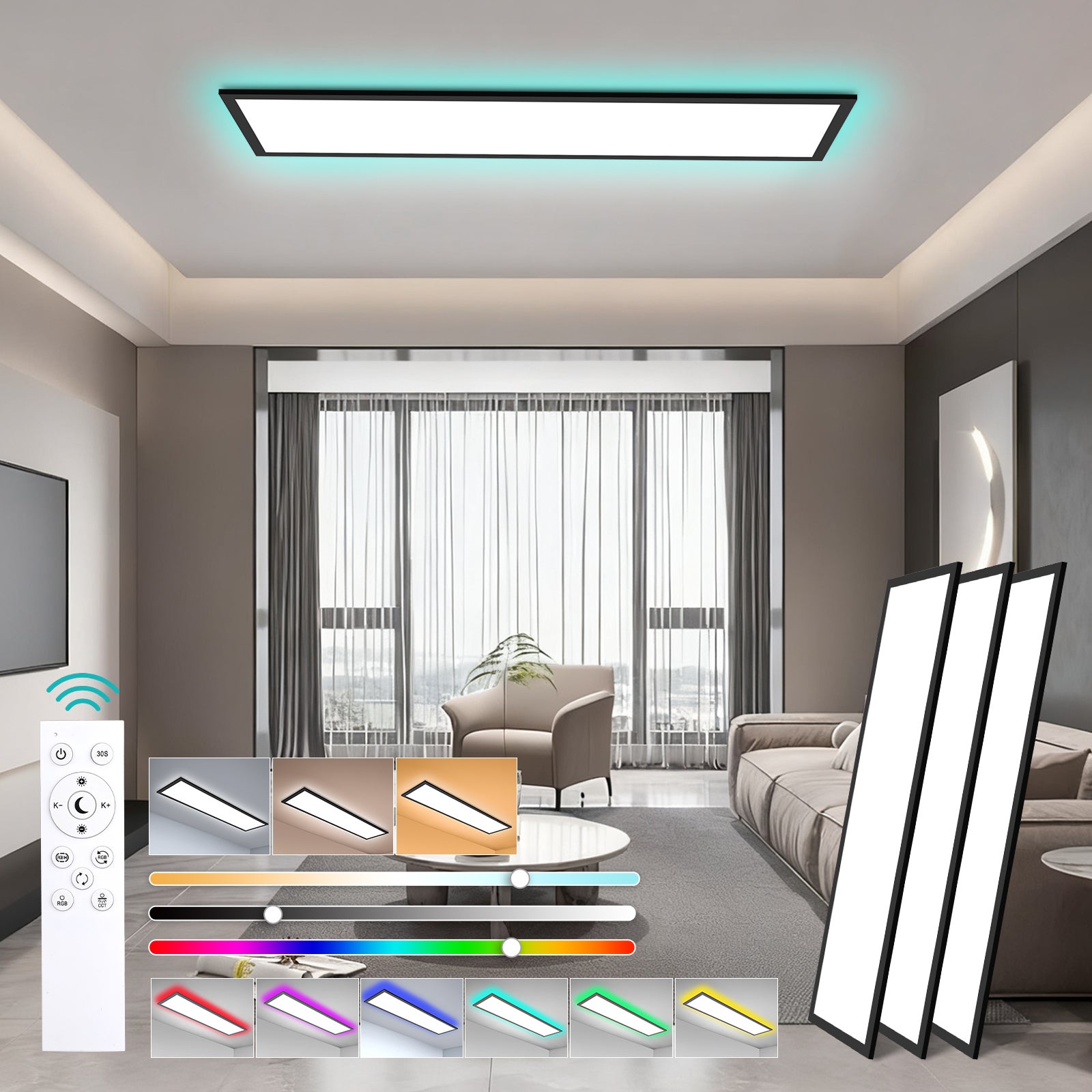 LOVHAUS 3PCS Plafón LED 30W Negro 100x25 cm, Panel LED de Techo ...