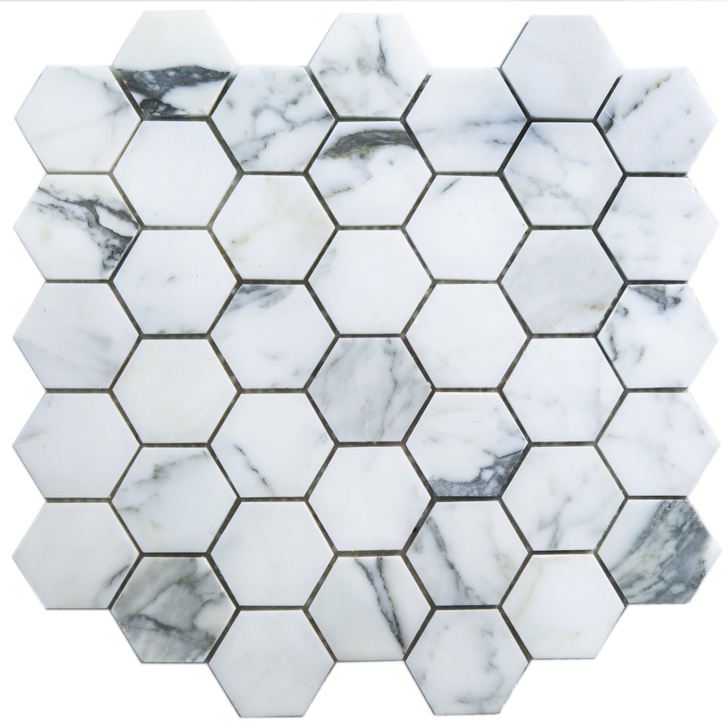 Mosaïque sur maille hexagonale en marbre Calacatta pour salle de bain ...