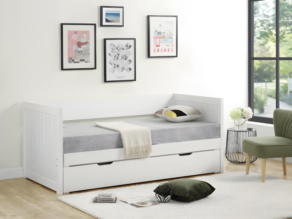Letto divano a scomparsa con cassetto 2 x 90 x 200 Abete e MDF Bianco ...