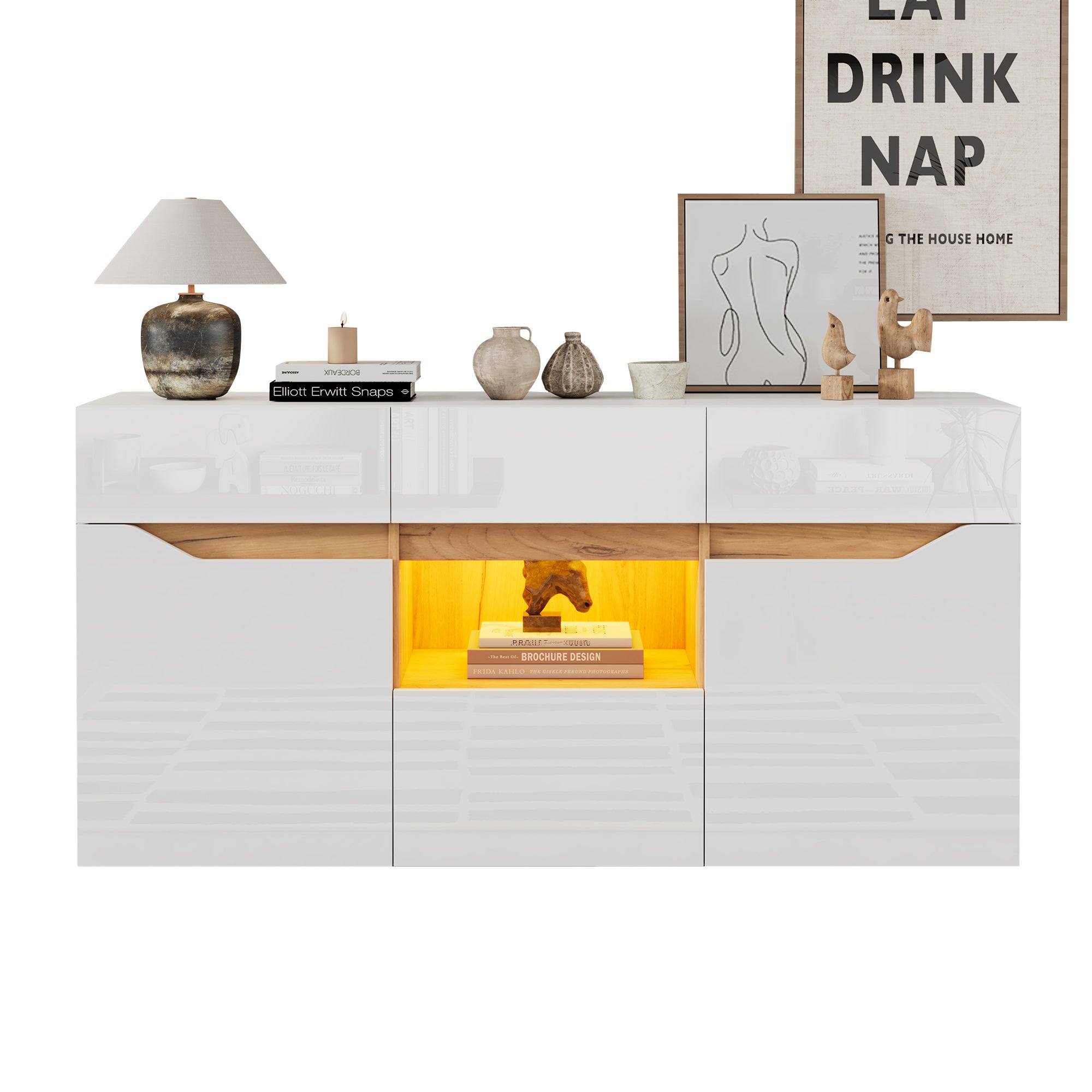 Buffet de salon 140*40*70cm, buffets avec 4 tiroirs, armoire avec deux ...