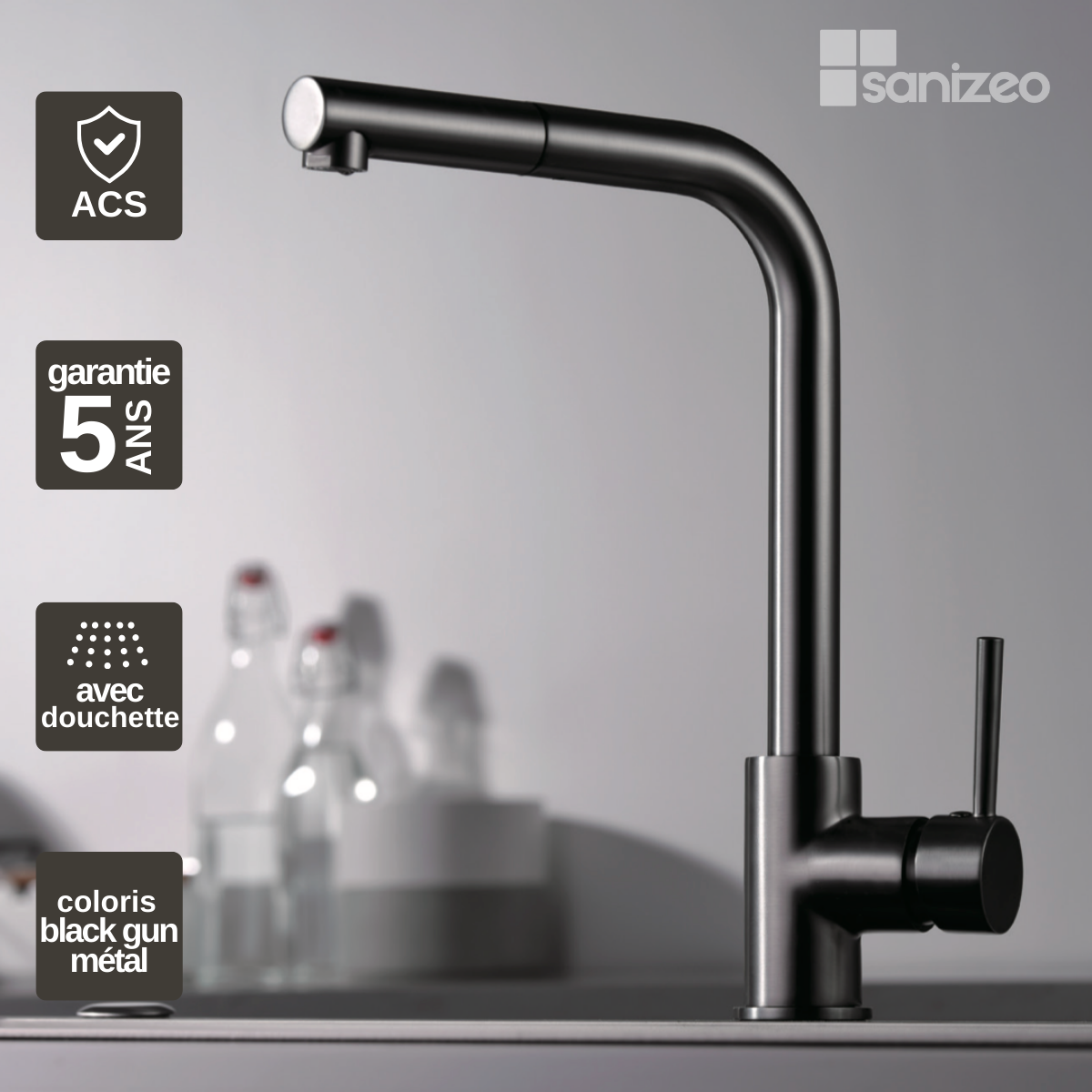 Robinet Mitigeur Évier Cuisine avec douchette extractible noir métal ...