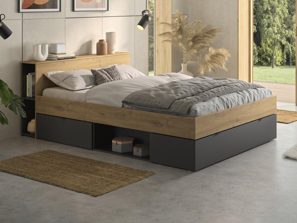 Cama 140 x 190 cm - 3 cajones y 6 estantes - Natural y negro + Somier ...
