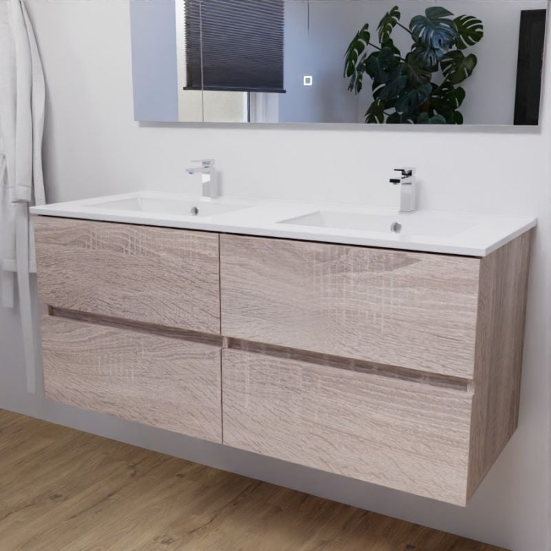 Meuble double vasque 120 cm ROSALY- Bois- Plan vasque en Céramique ...