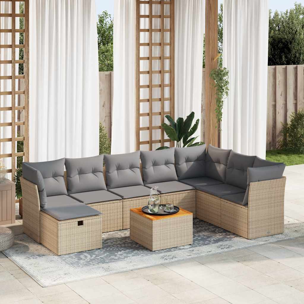Muebles de jardín con cojines 9 piezas resina tejida beige | Leroy Merlin