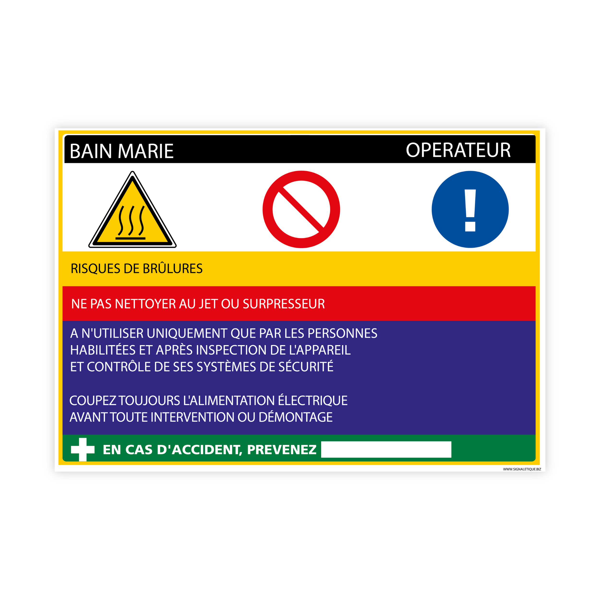 Panneau fiche de poste pour opérateur spécial cuisine bain-marie, PVC ...