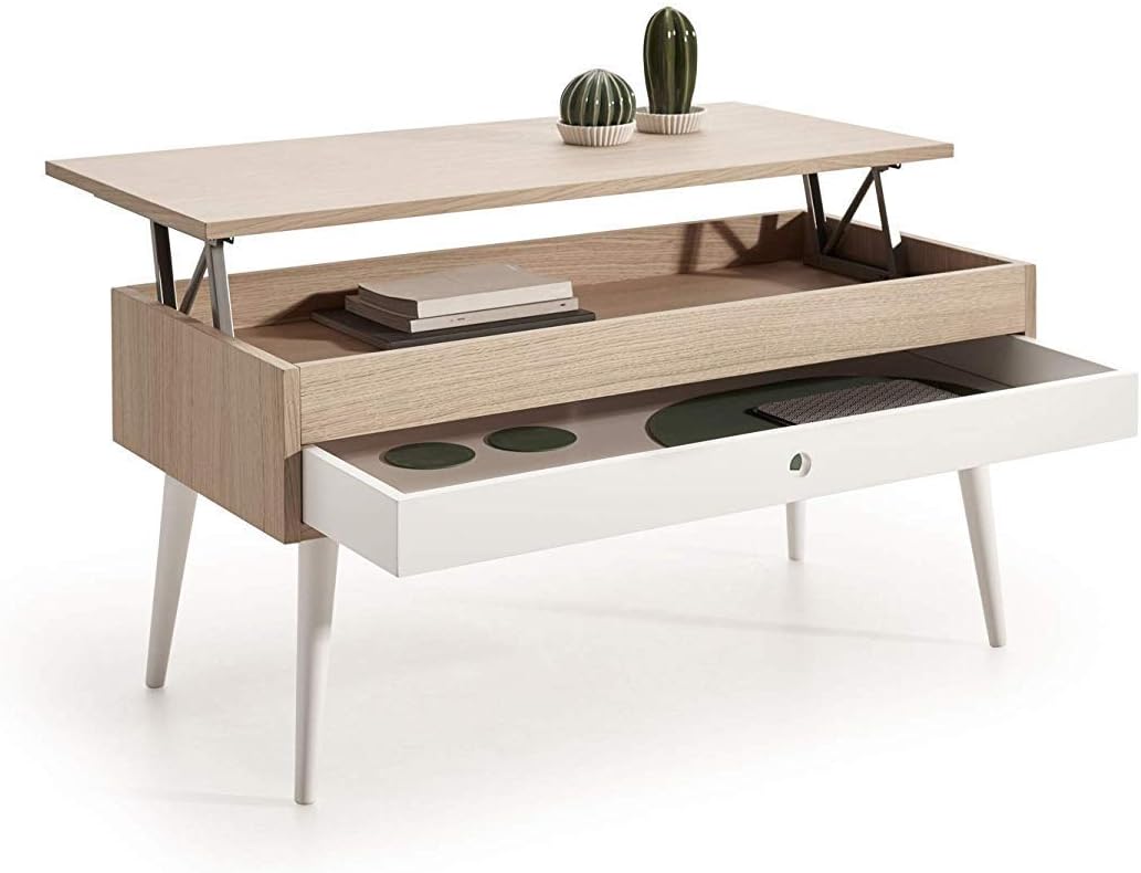 Mesa de centro elevable cajón deslizante, madera roble natural chapado | Leroy Merlin
