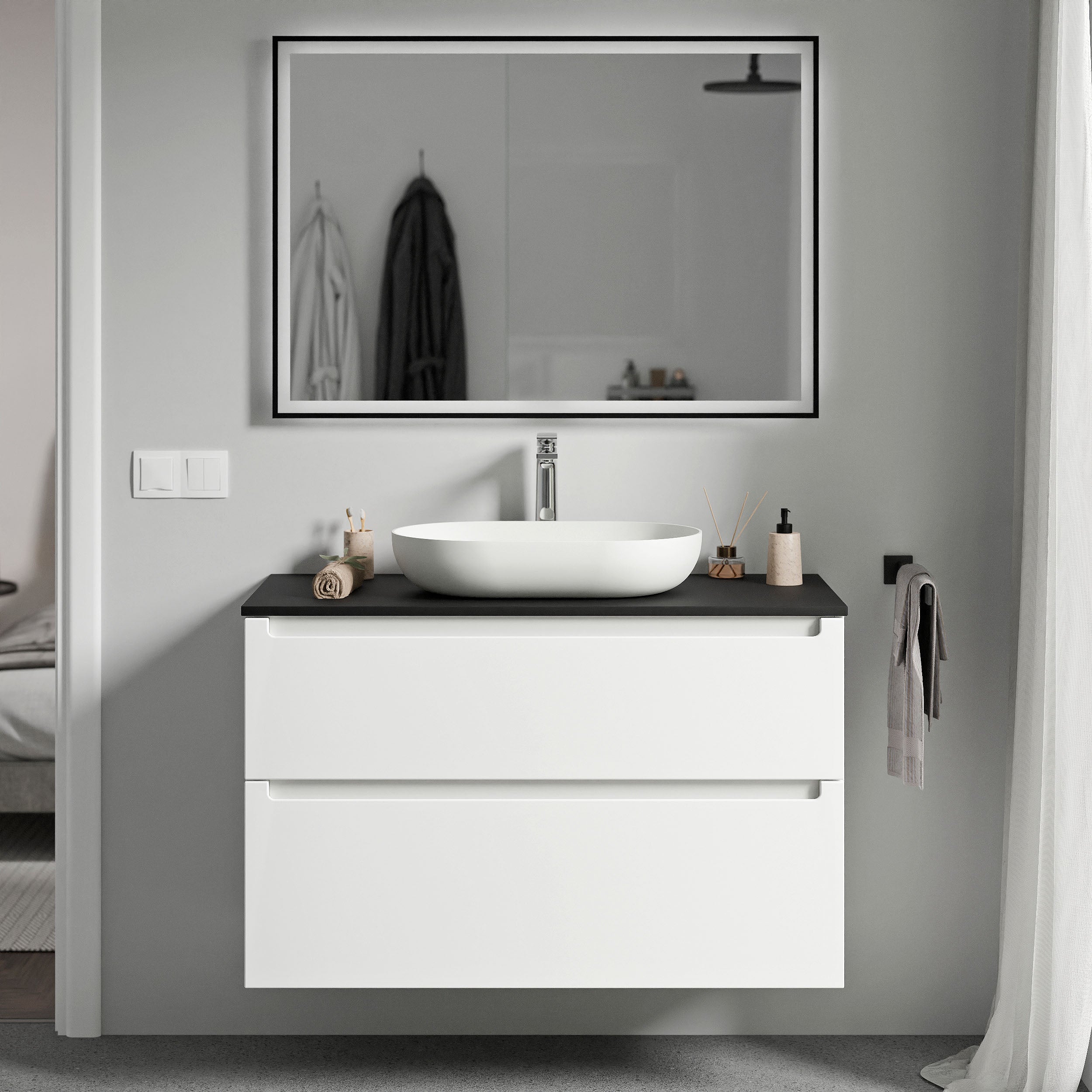 BERNSTEIN - Meuble sous vasque suspendu MDF Blanc mat, plan vasque Noir ...