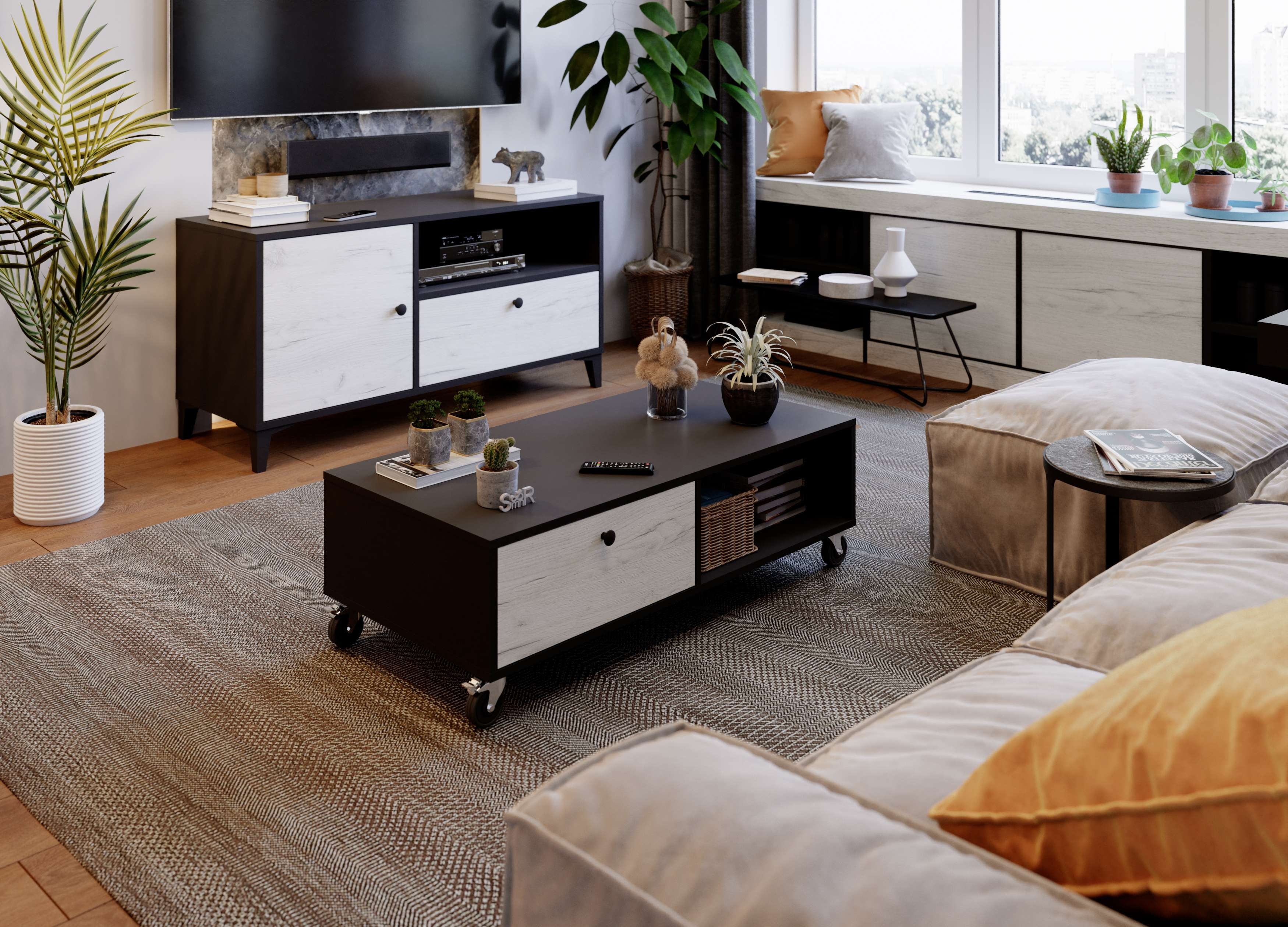 Table basse LISA avec roulettes 110x55x38 noir et blanc TALESA | Leroy ...