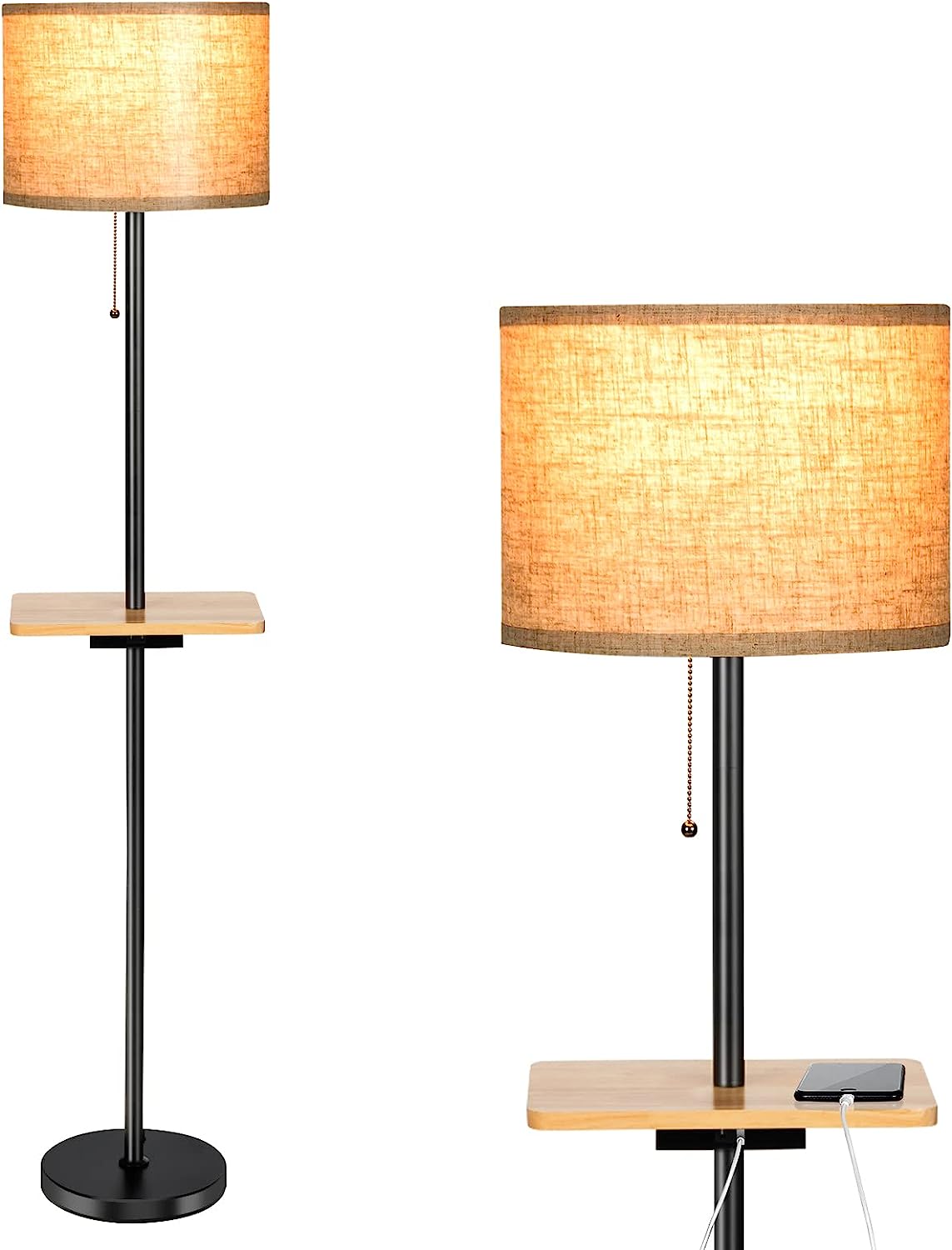 Lampadaire Moderne 153CM avec Tablette Abat-jour en Tissu de Lin et ...