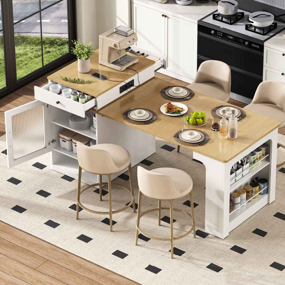 Îlot de cuisine avec roulettes et table extensible – Design marbré ...