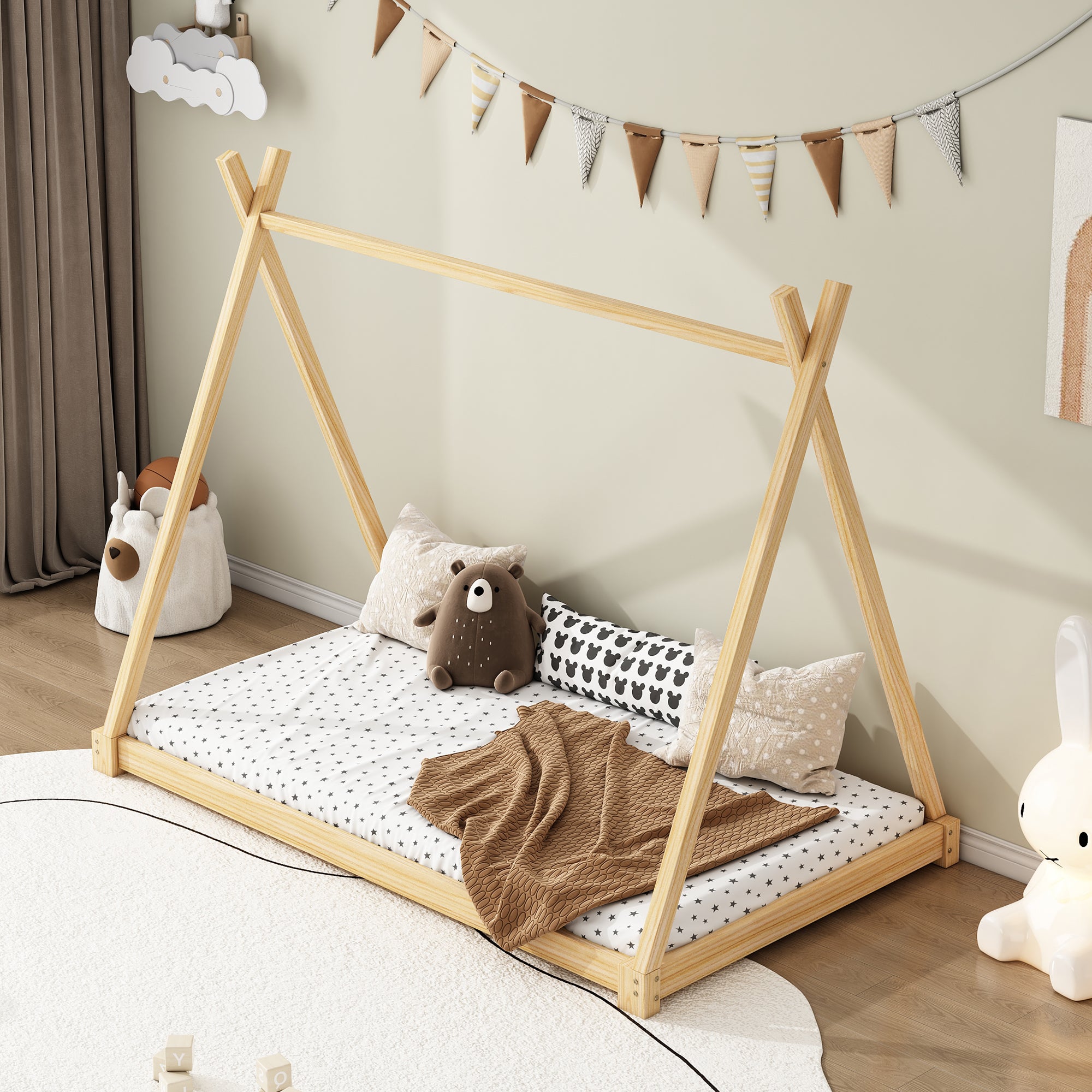 Lit simple Lit enfant 90 x 200 cm en forme de tente, en bois massif ...
