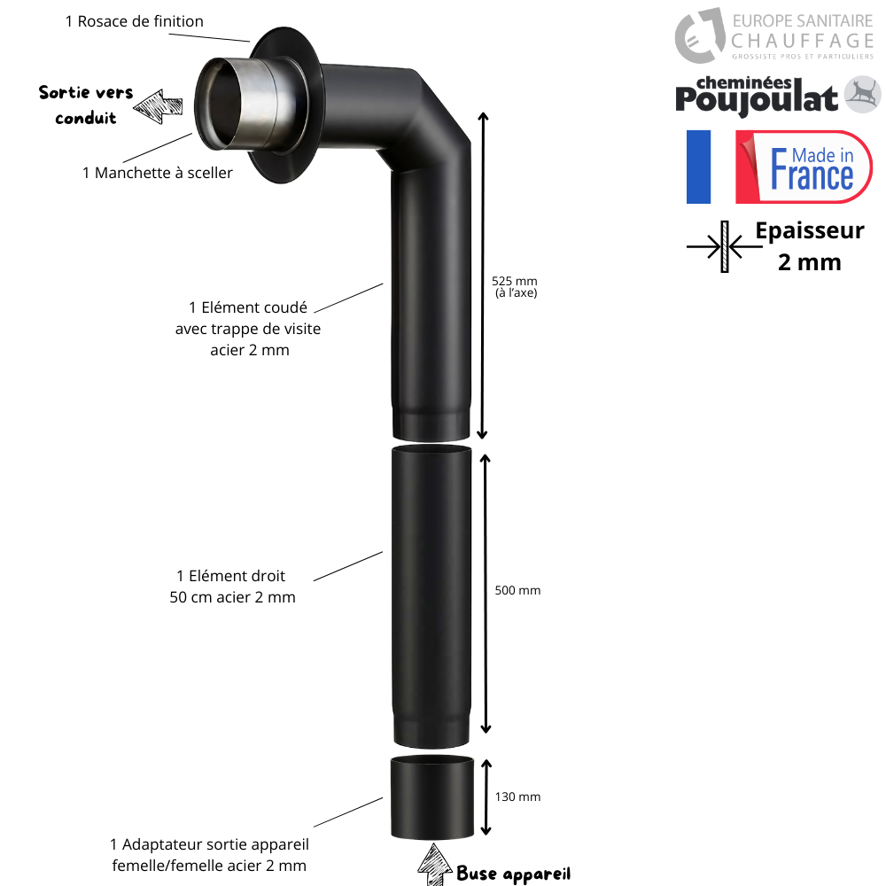 Kit raccordement poêle à bois acier 2 mm + Longueur 50 + adaptateur ...