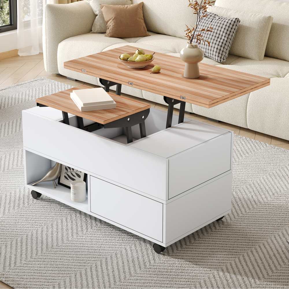 Mesa de café con 4 ruedas, multifuncional con 4 cajones, ajustable ...