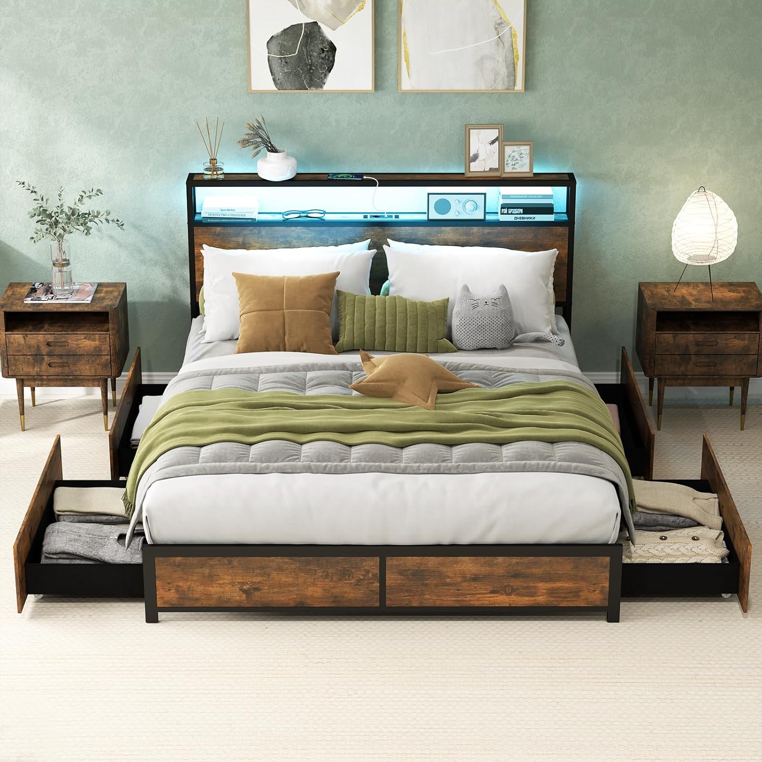 Cadre de Lit Double 160x200 cm avec LED, Lit Plateforme avec Tiroirs ...