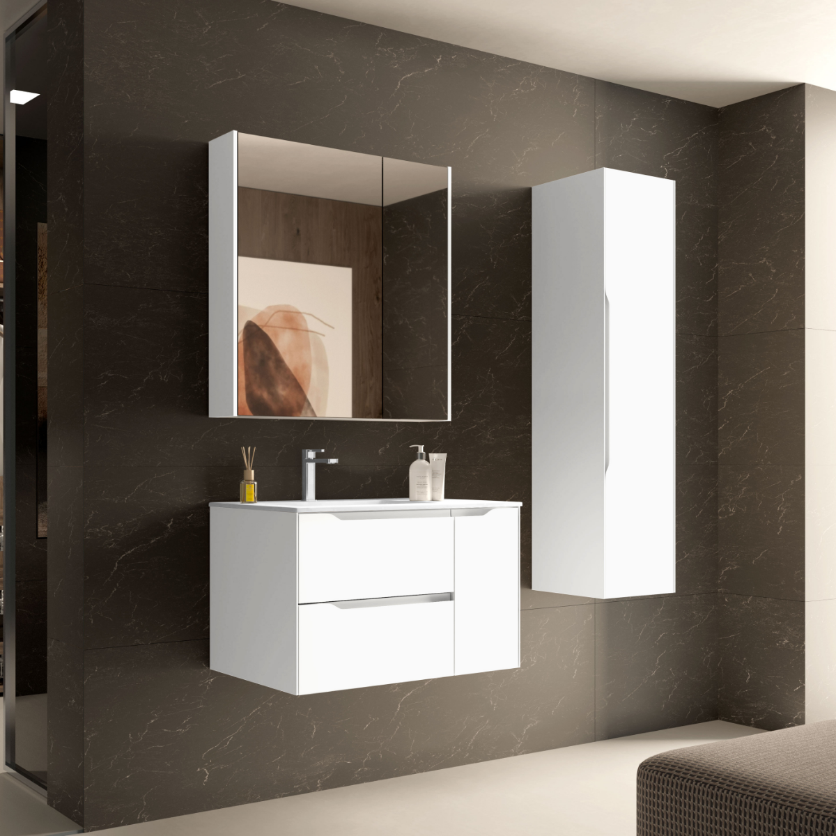 Mueble Baño Suspendido con Lavabo | 80 cm | 2 Cajones Puerta Lateral con Cierre Amortiguado y ...