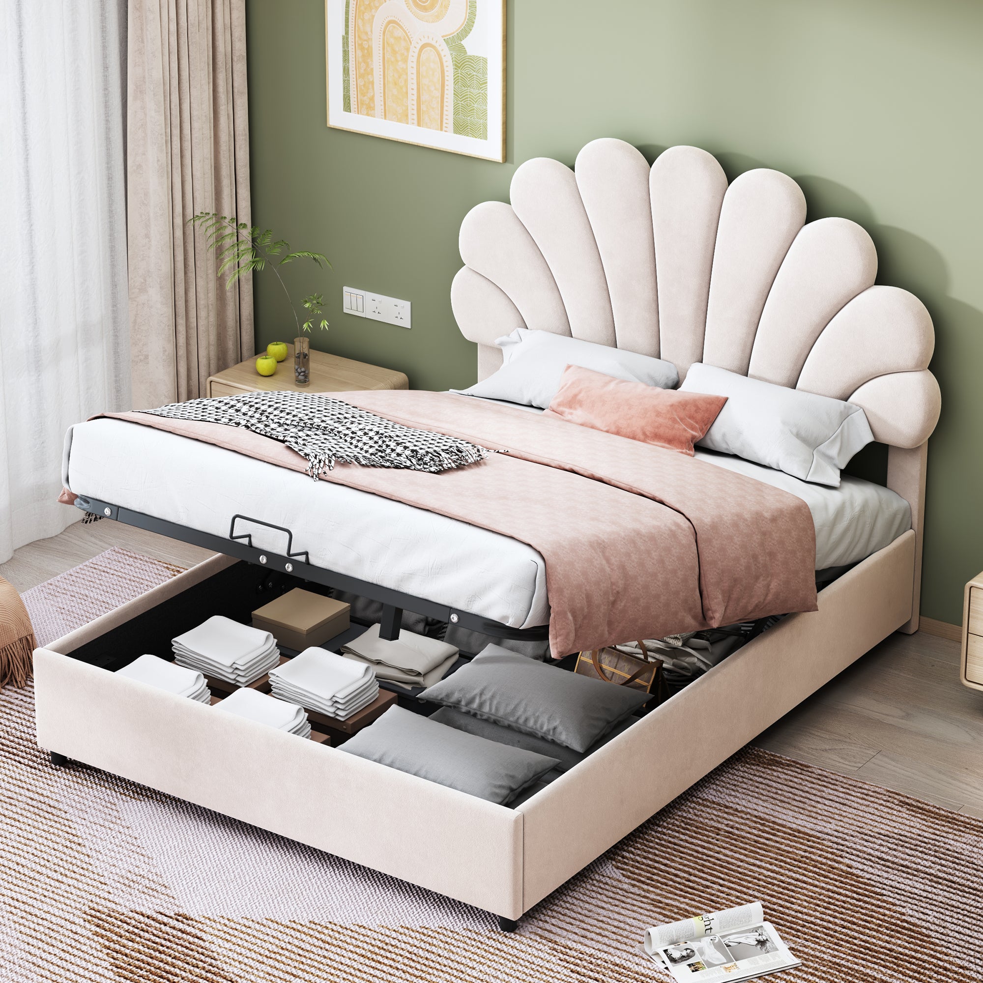 Lit coffre rembourré en velours - 140x200cm - tête de lit en forme de ...