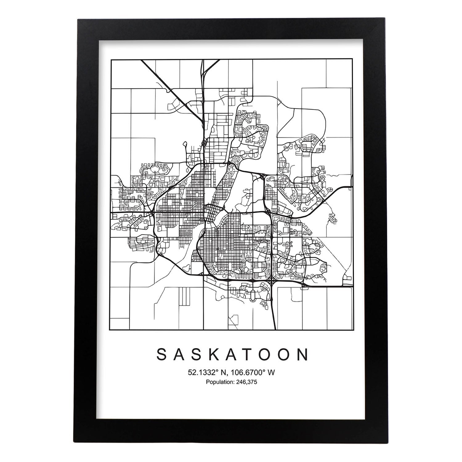 Lámina Mapa De La Ciudad Saskatoon Estilo Nordico En Blanco Y Negro ...