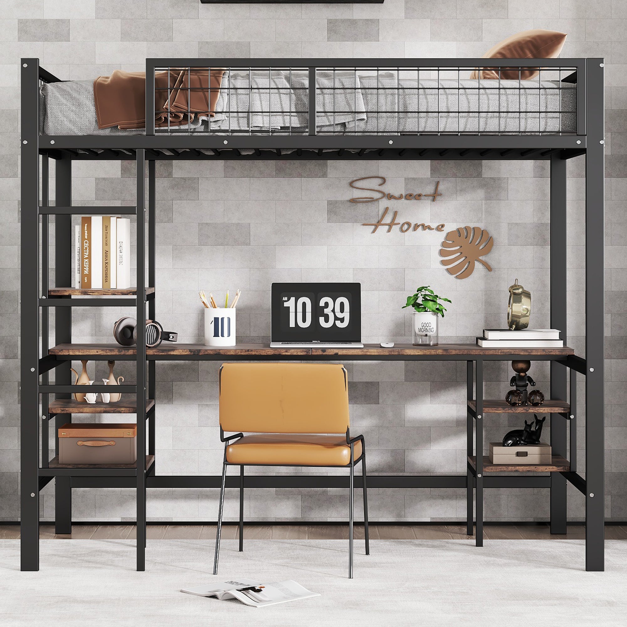 Lit mezzanine 90x200cm - avec table + étagère - avec échelle à quatre ...