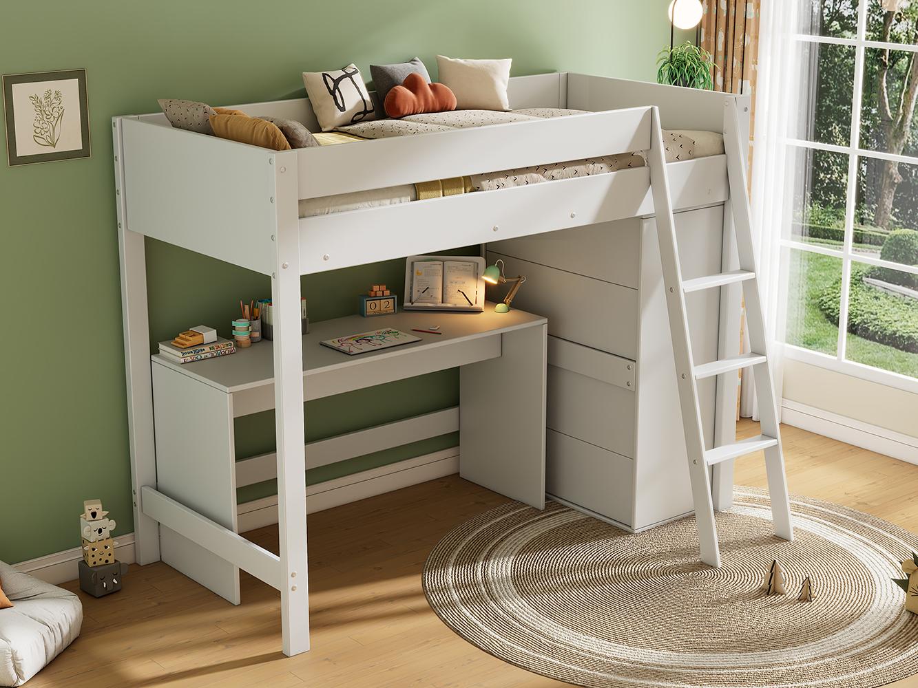 Lit mezzanine 90x200cm en bois - avec bureau et armoire modulable ...