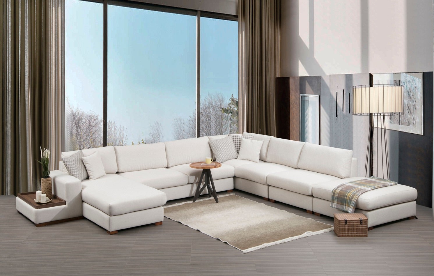 Canapé panoramique tissu beige clair avec étagère en bois et grande ...