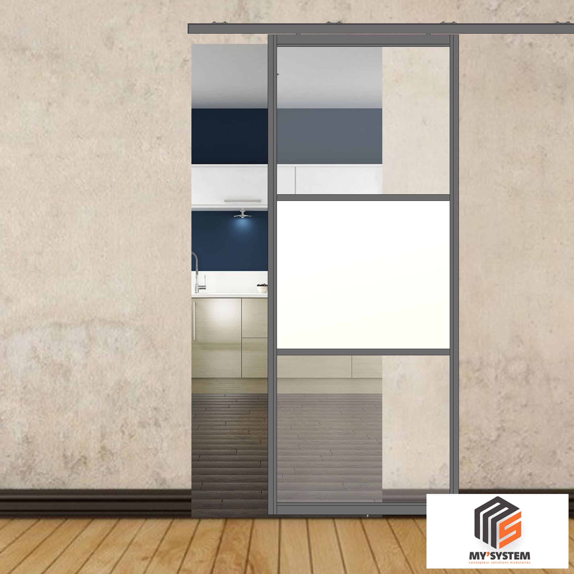 PORTE SIMPLE COULISSANTE DROITE H2088 - L867 mm - 3 VERRES HORIZONTAUX ...