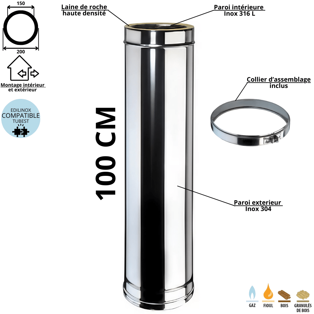 Élément 100 cm conduit double paroi isolé Edilinox - Diamètre 150 mm ...