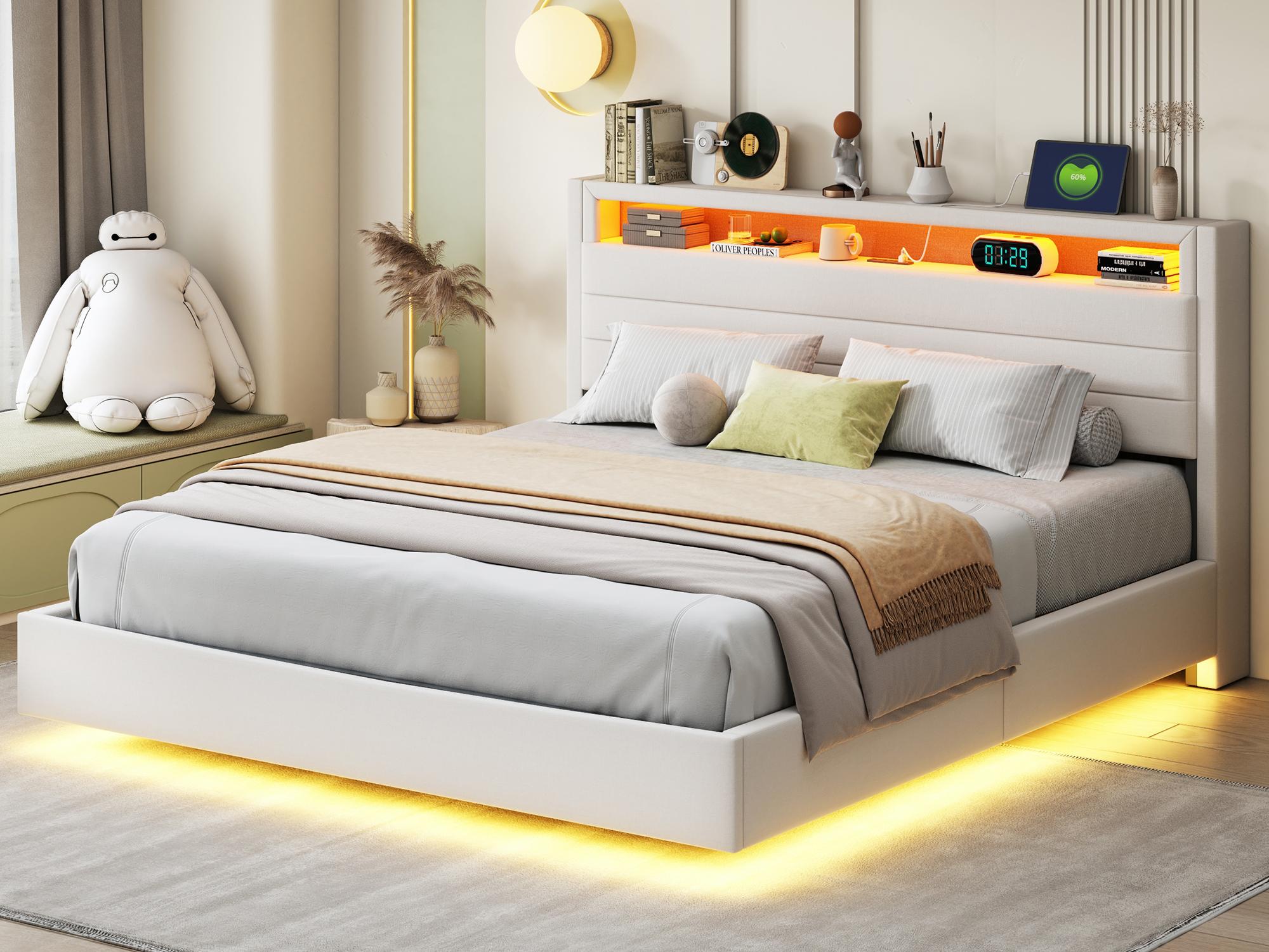 Letto contenitore imbottito in lino 160x200 cm - con presa USB e LED ...