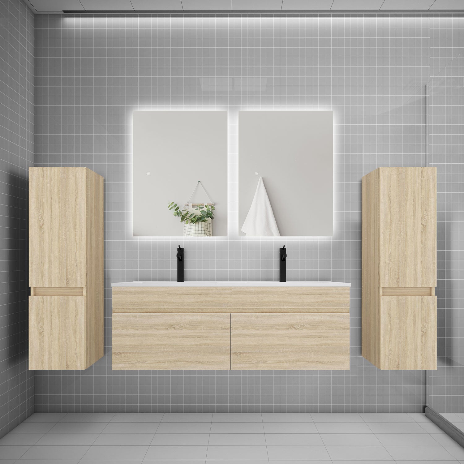 Ensemble meuble double vasque 120cm lavabo + colonne + miroir,chêne ...