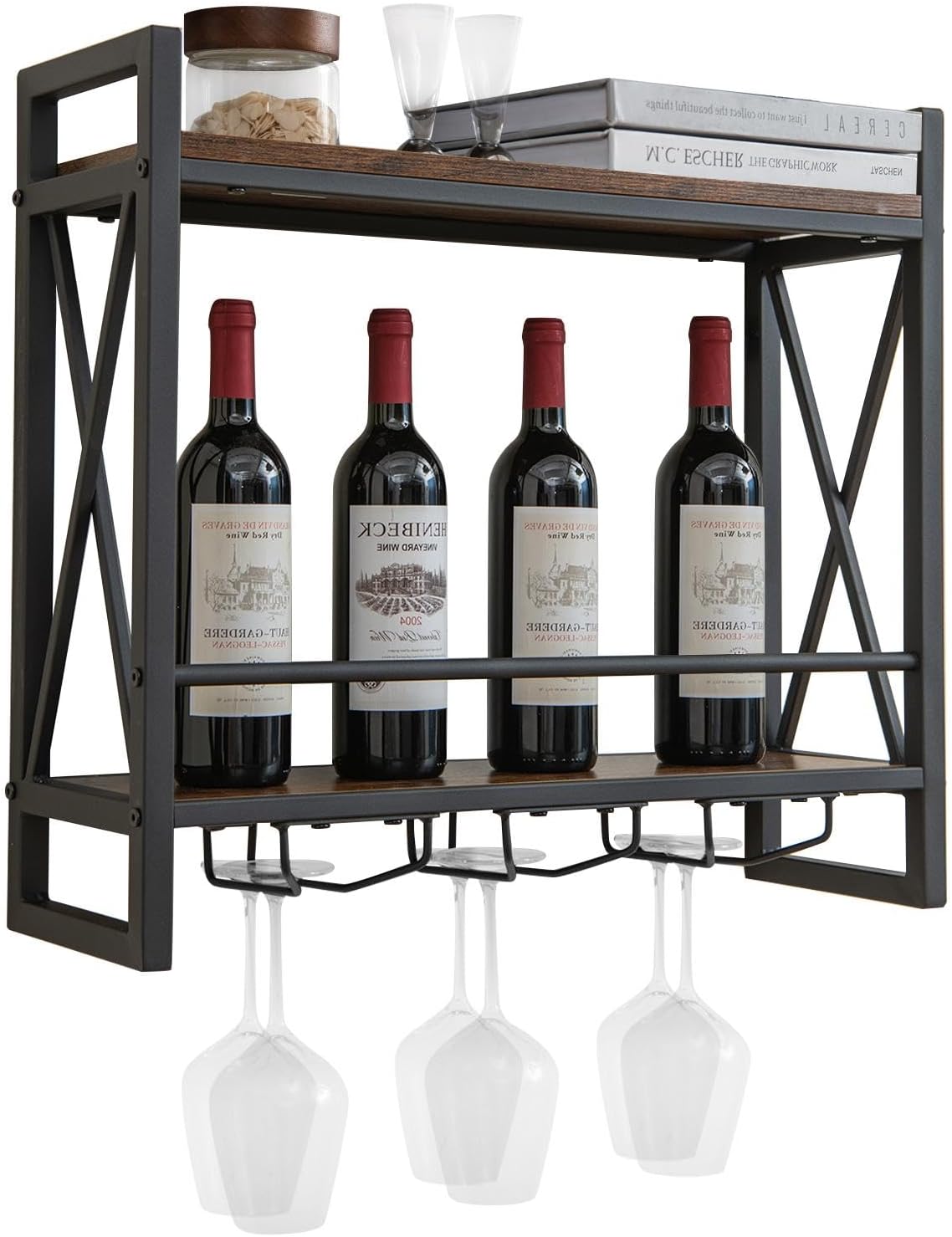 Estante de Vino Industrial de Pared, Estante de Vino de Pared de 2 Niveles con 3 Portavasos para ...