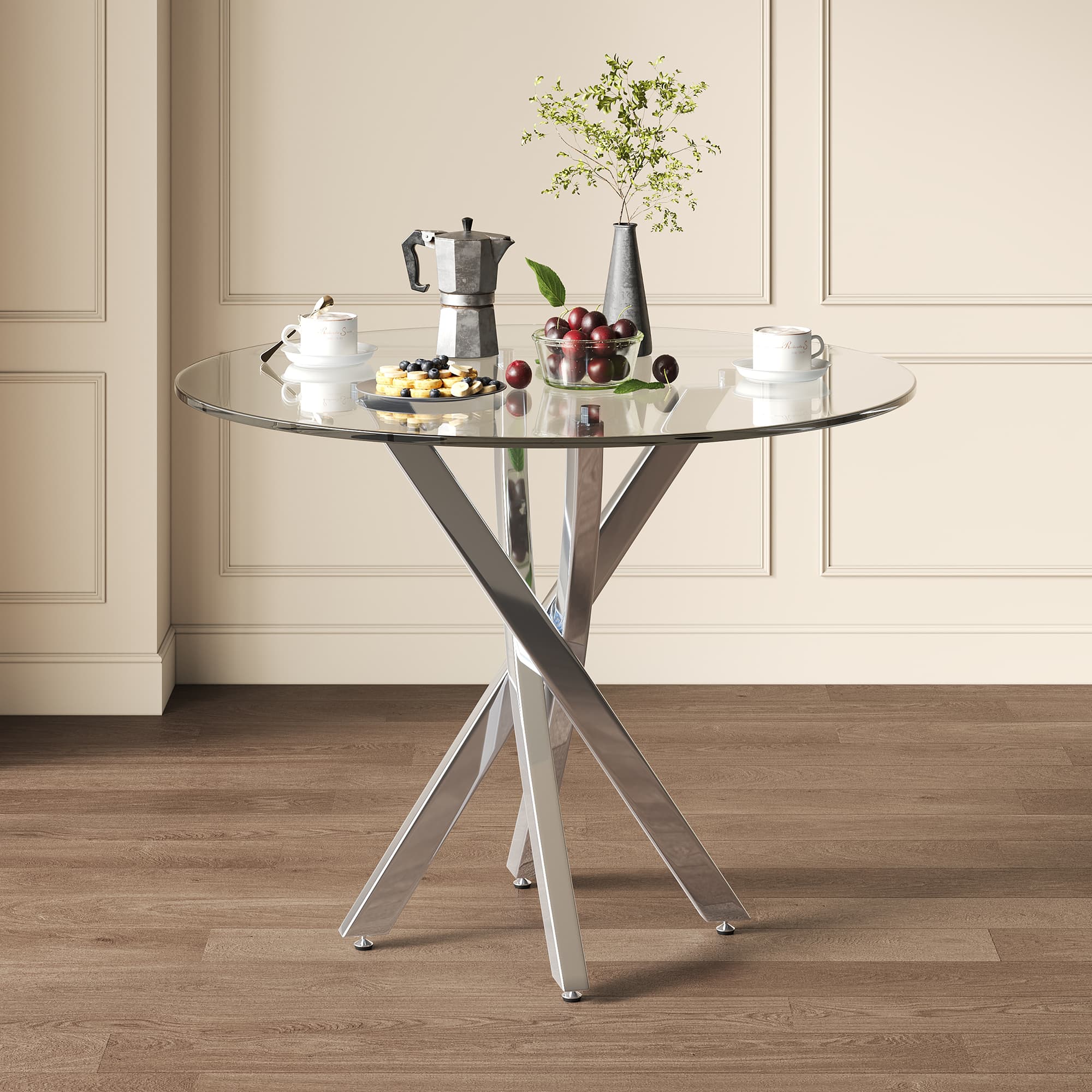 Table à manger ronde 80x80x75 cm - Plateau en verre trempé, pieds ...