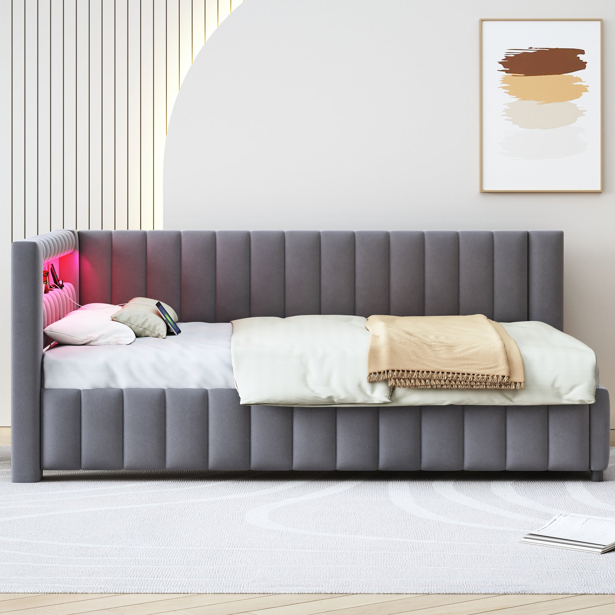 Lit banquette rembourré en velours - 140x200cm - avec éclairage LED et ...