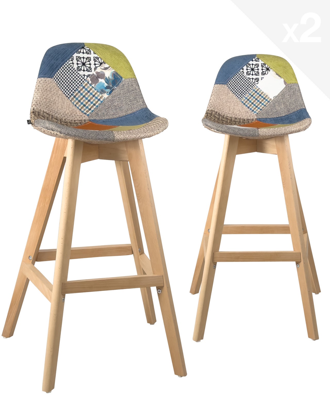 Lot de 2 chaises de bar scandinaves hauteur 67cm siège patchwork tissu ...