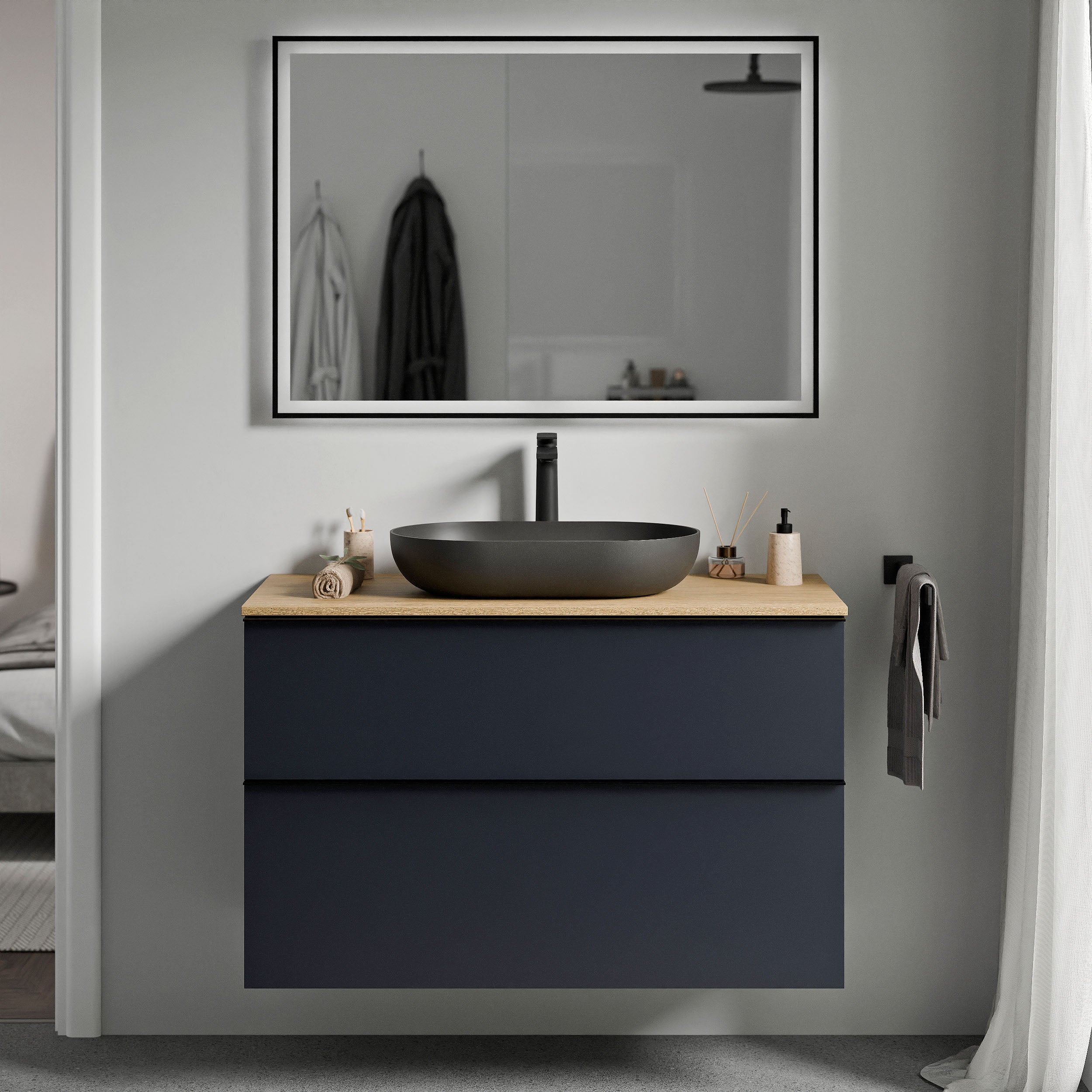 BERNSTEIN - Mueble lavabo suspendido MDF Azul noche mate, encimera de ...