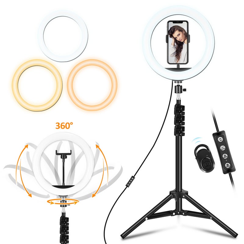 Anillo de luz LED de 10" con trípode, Anillo de luz LED RGB de 3 modos ...