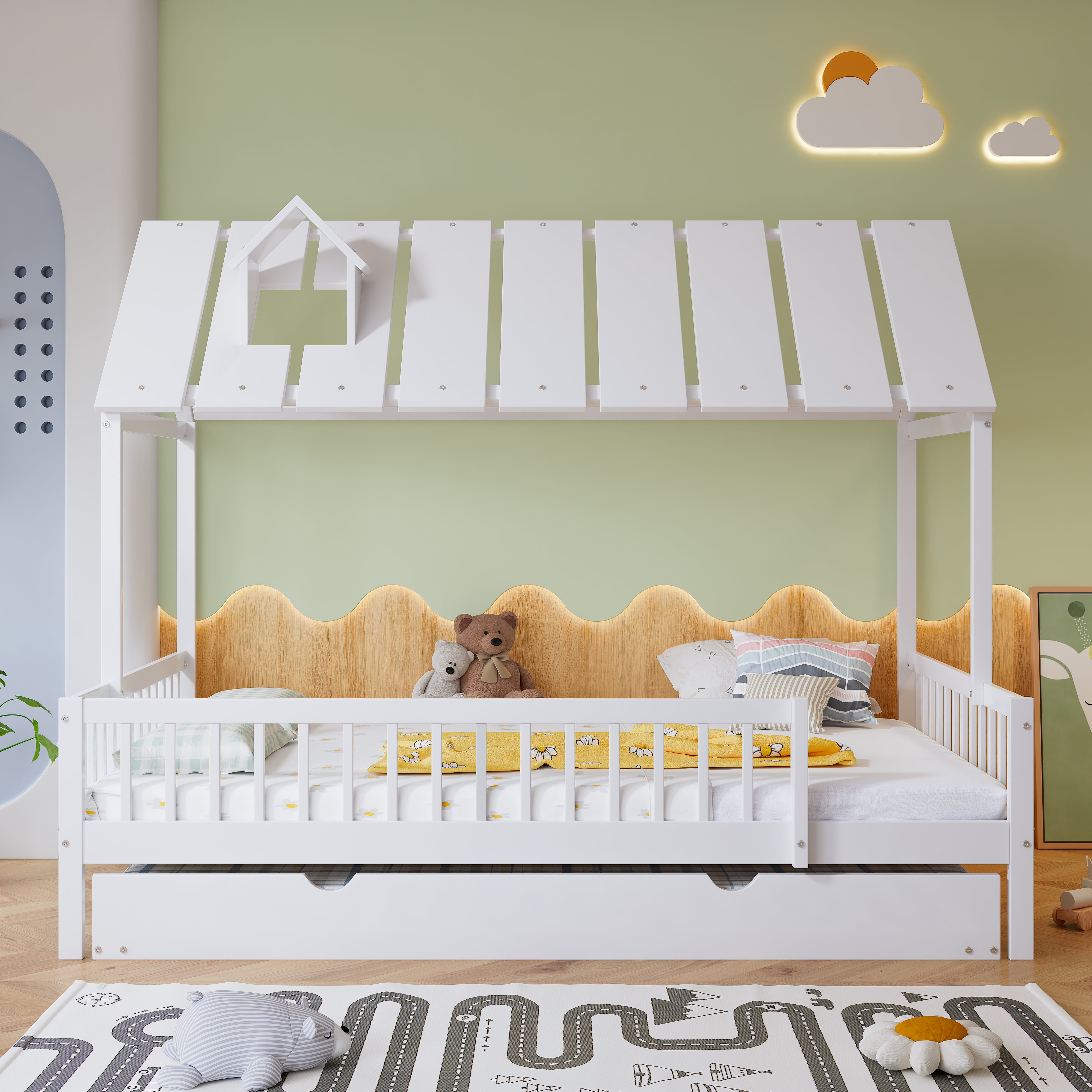 Lit enfant maison avec lit roulant 120x200/190 cm - Toit avec corniche ...