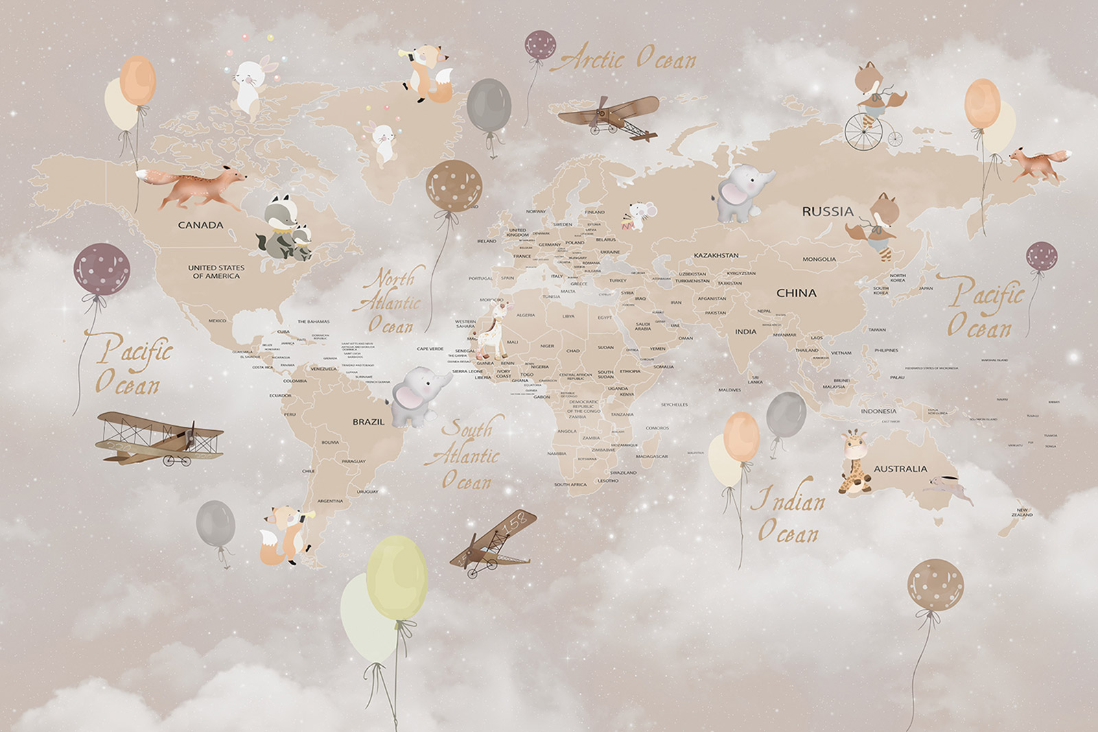 Papel pintado panorámico Niños - Mapa del Mundo - Ancho 382 cm x Altura ...