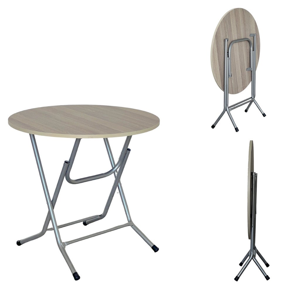 Table pliante ronde diam.80cm en fer avec plateau effet bois | Leroy Merlin
