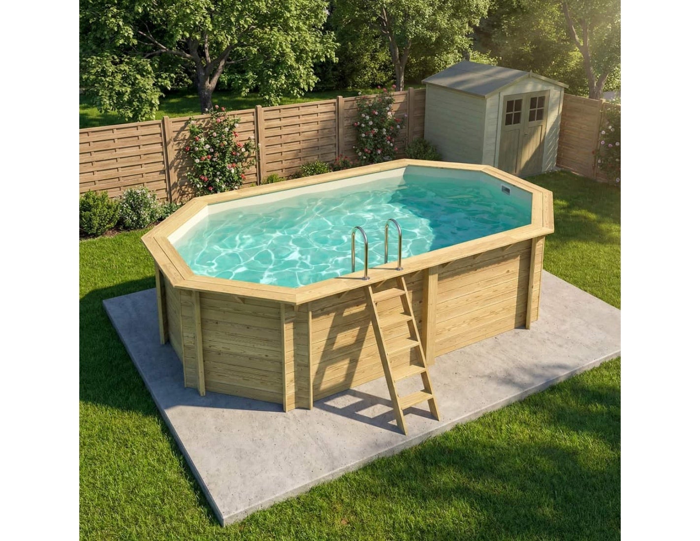 Piscina de madera de madera NEMO 5.79 x 3.49 – H.1.45 m, arena, sobre ...