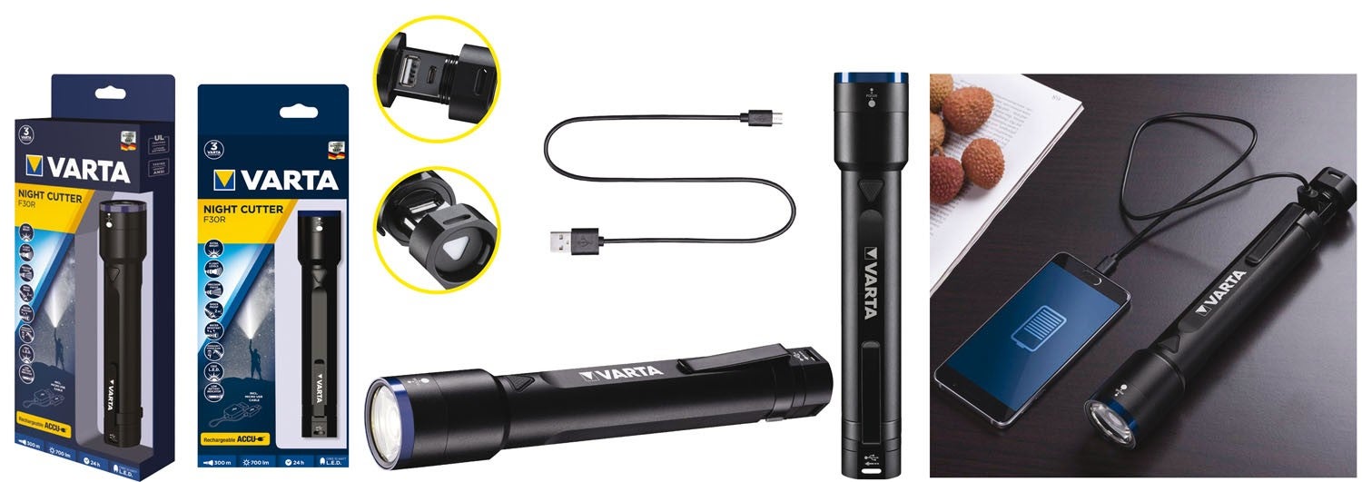 Linterna led con batería de litio recargable Varta de 700 lúmenes ...