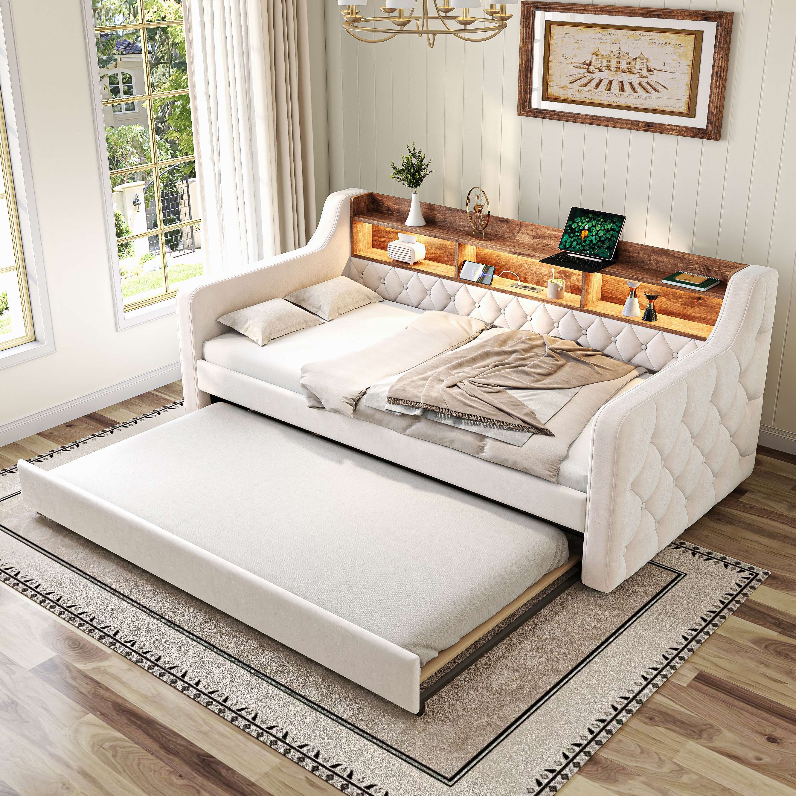 Lit gigogne 90x190cm - Canapé-lit avec espace de rangement, LED et port ...