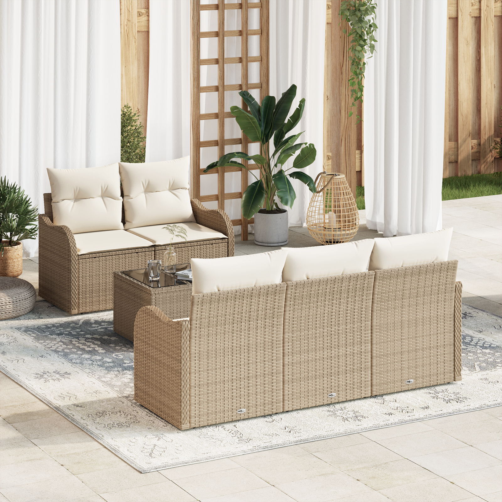 Juego de Sofá de Jardín de 6 Piezas con Cojines Beige de Ratán | Leroy ...
