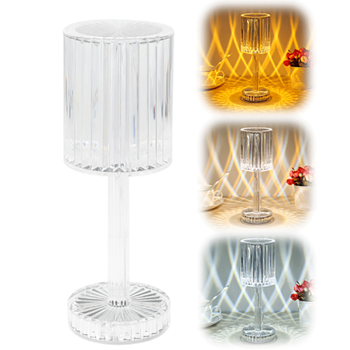LAMPE DE TABLE LED RECHARGEABLE 3 TONS DE LUMIÈRE EFFET CRISTAL 1008 ...