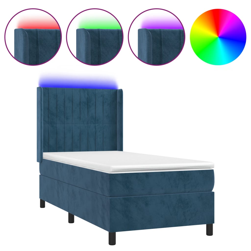 Cama box spring colchón y LED terciopelo azul oscuro 80x200 cm ...