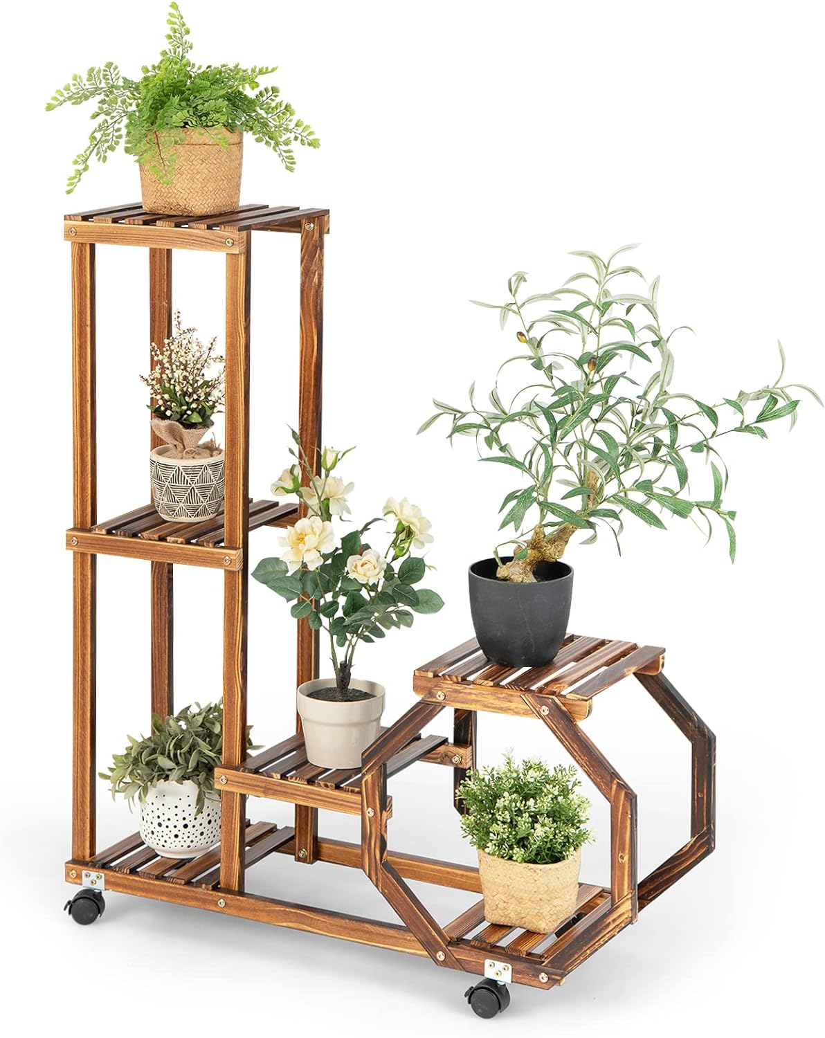 Support pour Plantes en Bois 5 Niveaux, Support à Fleurs Roulant Design ...