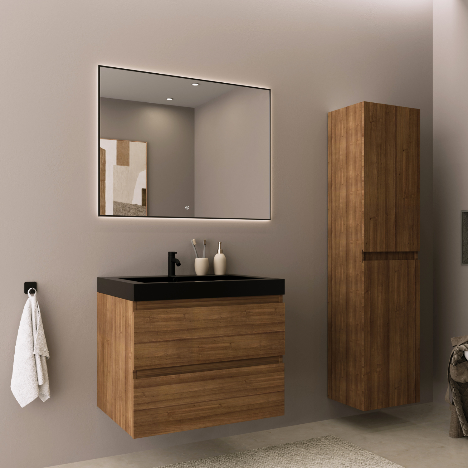 Conjunto de mueble baño suspendido con lavabo negro 60 cm con columna roble dorado - LOMAZOO ...