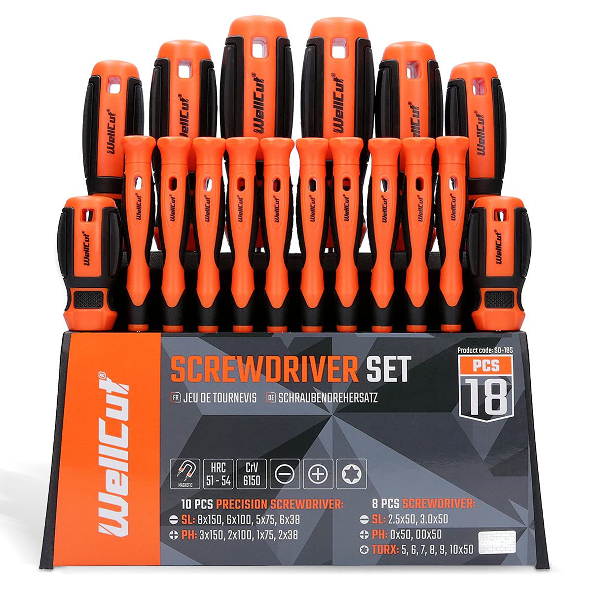 WELLCUT Set di 18 cacciaviti magnetici con impugnatura morbida e punta ...
